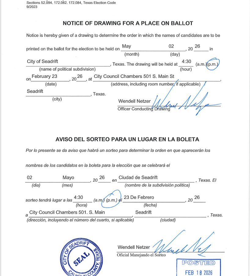 NOTICE OF DRAWING FOR A PLACE ON BALLOT - Feb 23, 2026 4:30PM | Seadrift TX